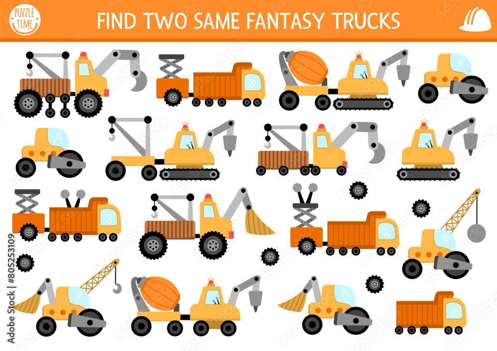 Find two same special fantasy cars. Construction site matching activity ...
