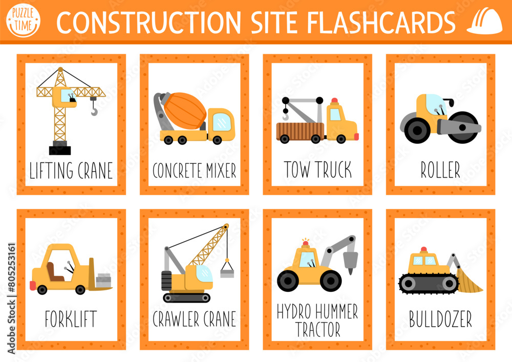 Vector construction site flash cards set with crane, bulldozer ...