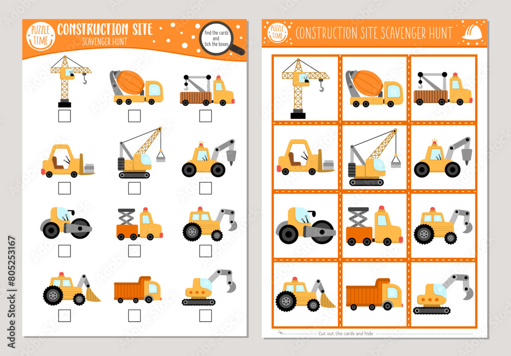 Vector construction site scavenger hunt cards set. Seek and find game ...