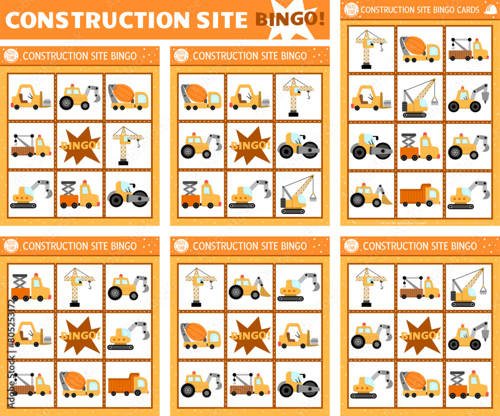 Vector construction site bingo cards set. Fun family lotto board game ...