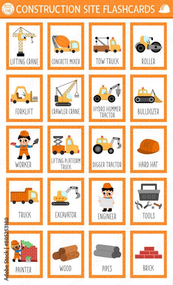 Big vector construction site flash cards set with crane, bulldozer ...