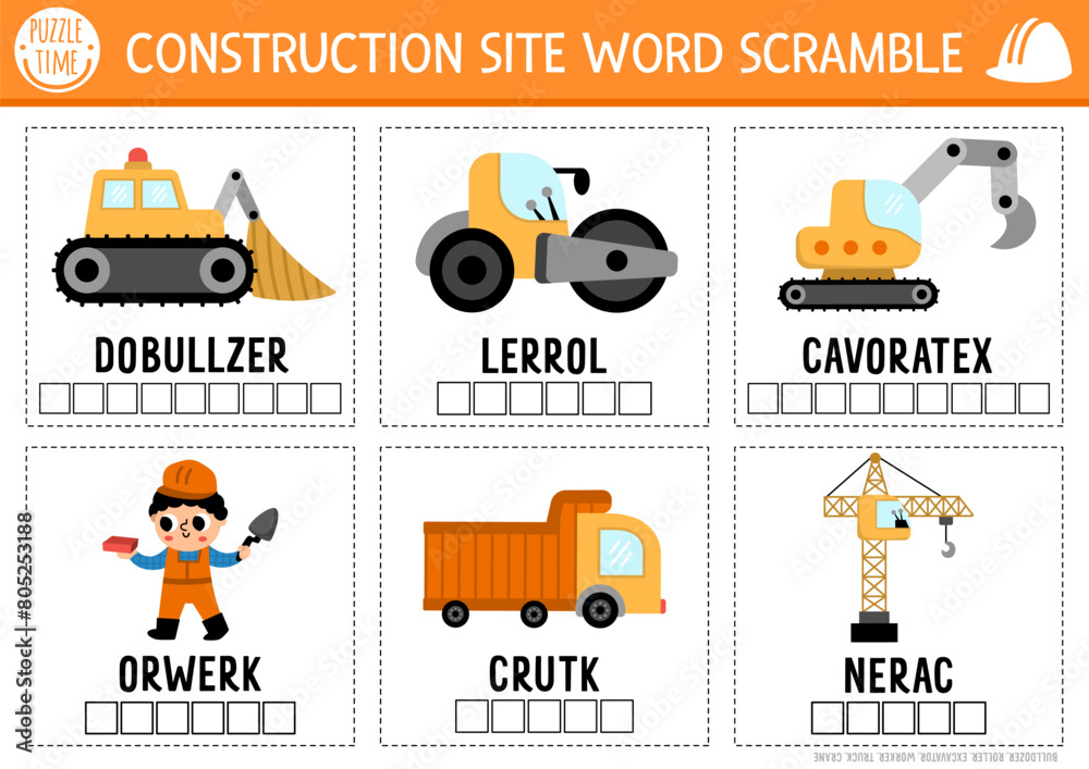 Vector construction site word scramble activity page. English language ...