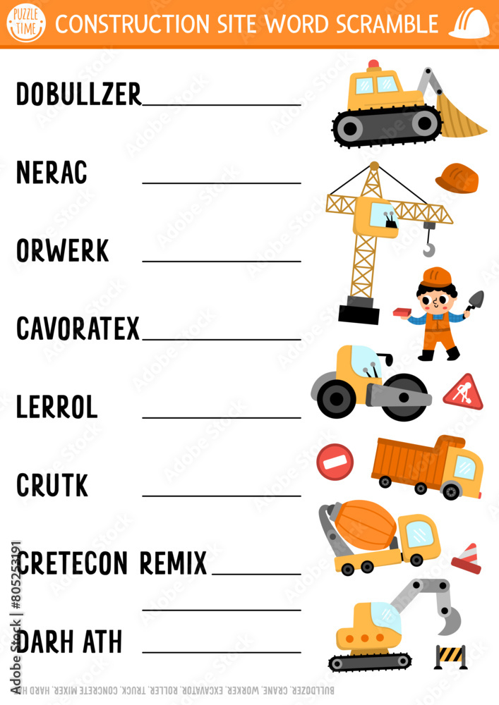 Vector construction site word scramble activity page. English language ...