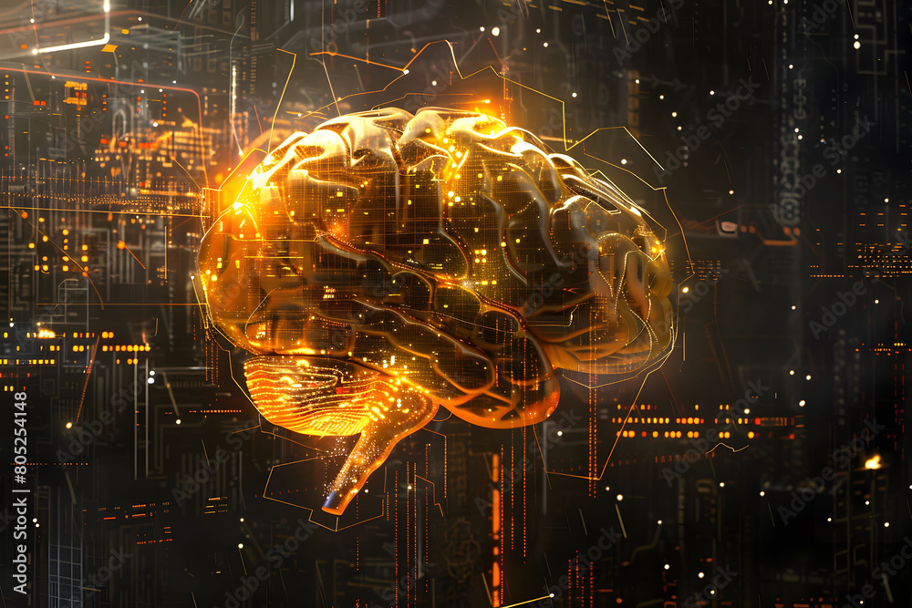 Golden science background. AI brain algorithms, machine learning ...