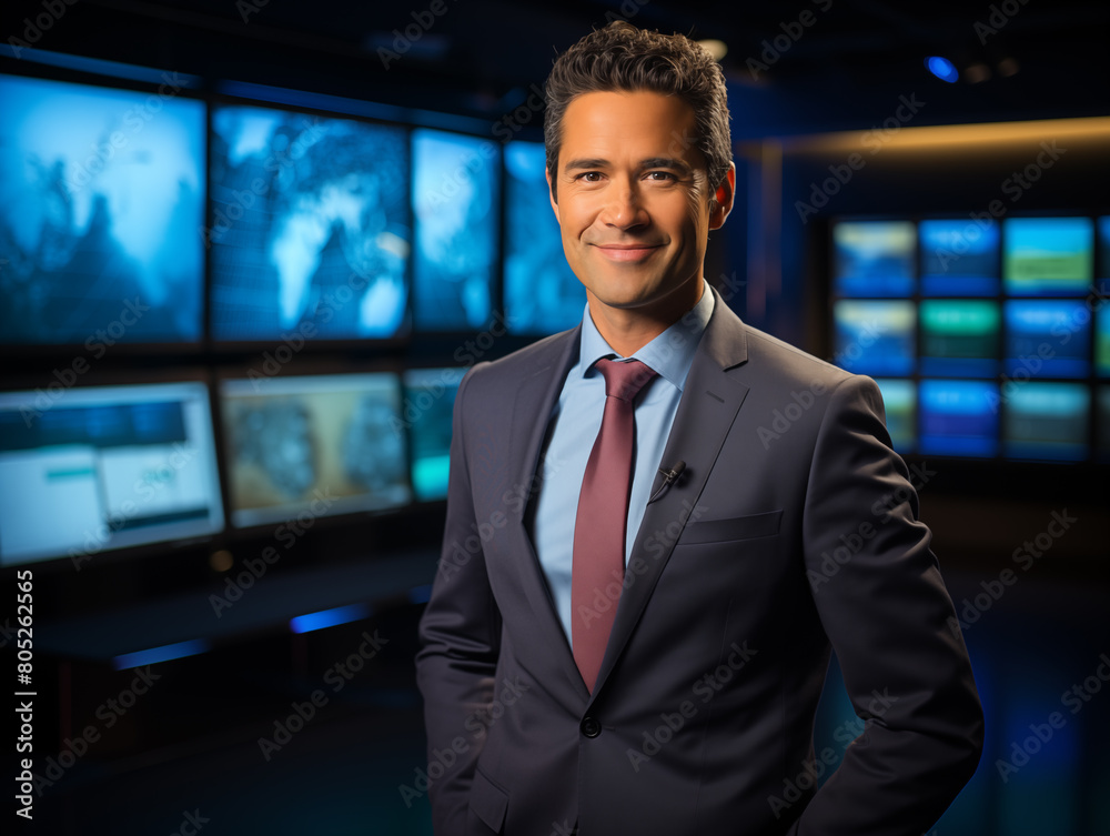 Confident News Anchor Posing in Studio with World Map Background Stock ...