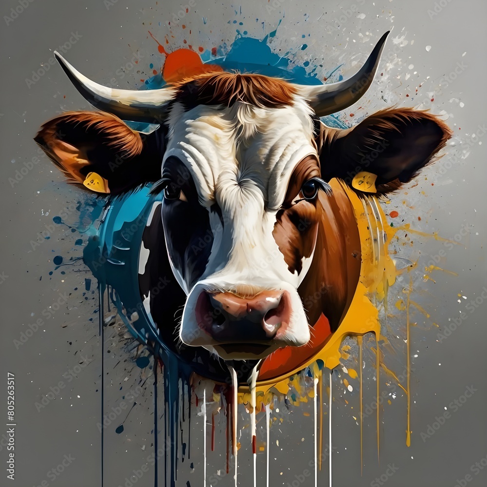Modern abstract painting of cow with metal elements, textured ...