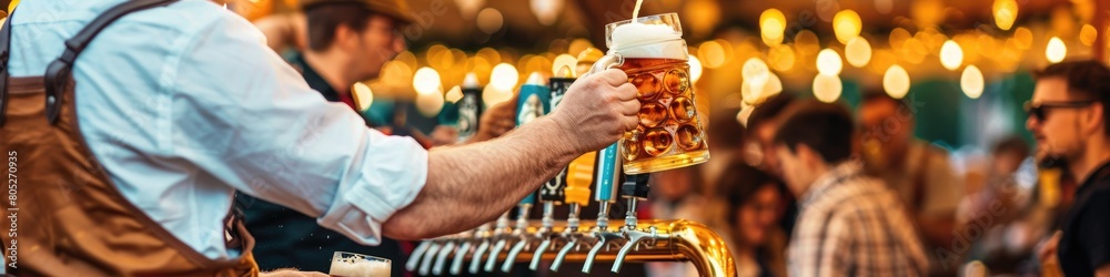 scene at an Oktoberfest beer stand, with a charismatic vendor in ...