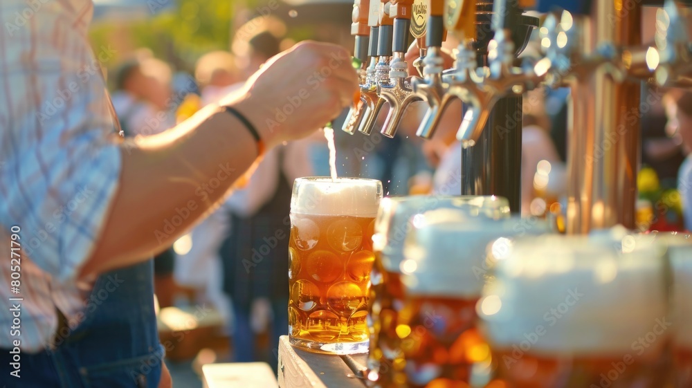 scene at an Oktoberfest beer stand, with a charismatic vendor in ...