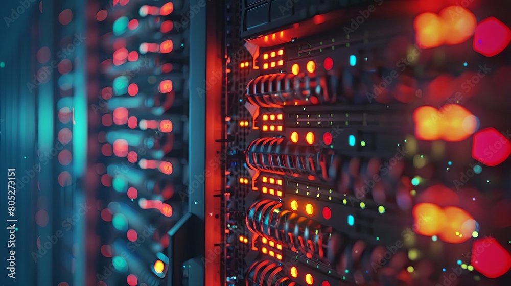 close - up of a server rack with blinking status lights, featuring a ...