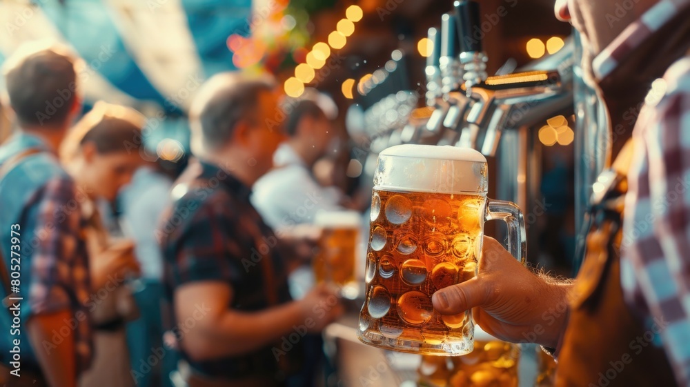 vibrant scene at an outdoor beer festival, where a bartender in ...