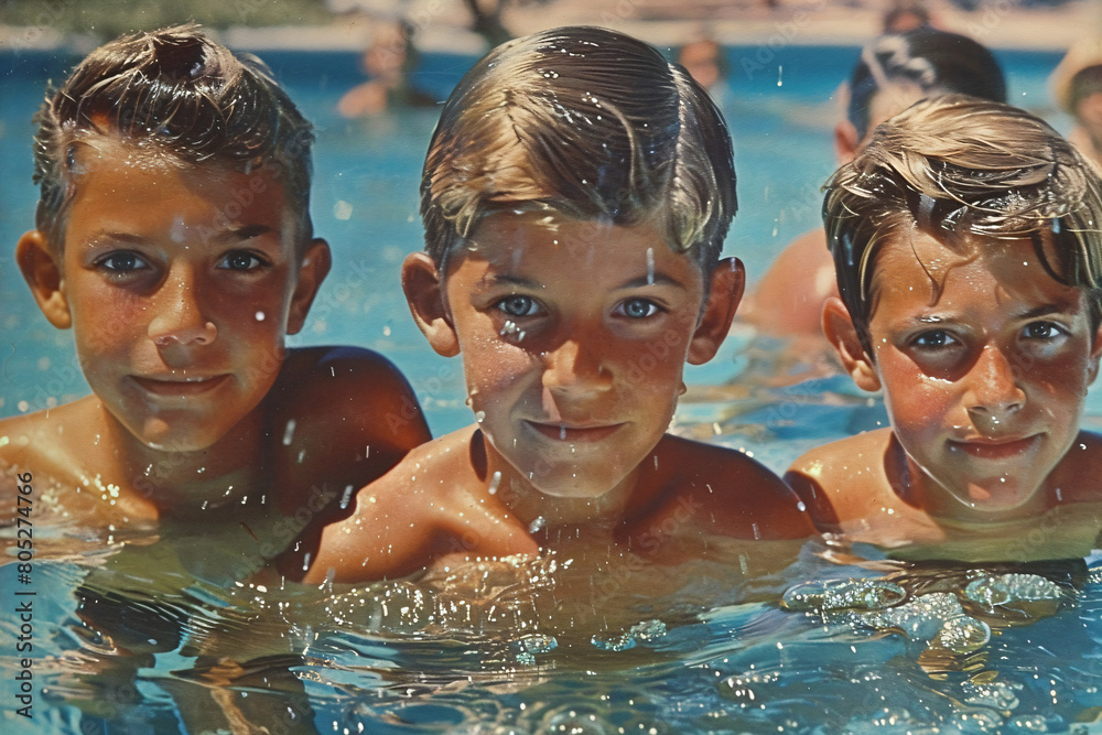 Vintage summer pool fun. Retro style photography of children swimming ...