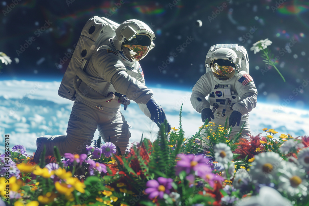 Spacewalk gardeners astronauts planting flowers in orbit around Earth ...