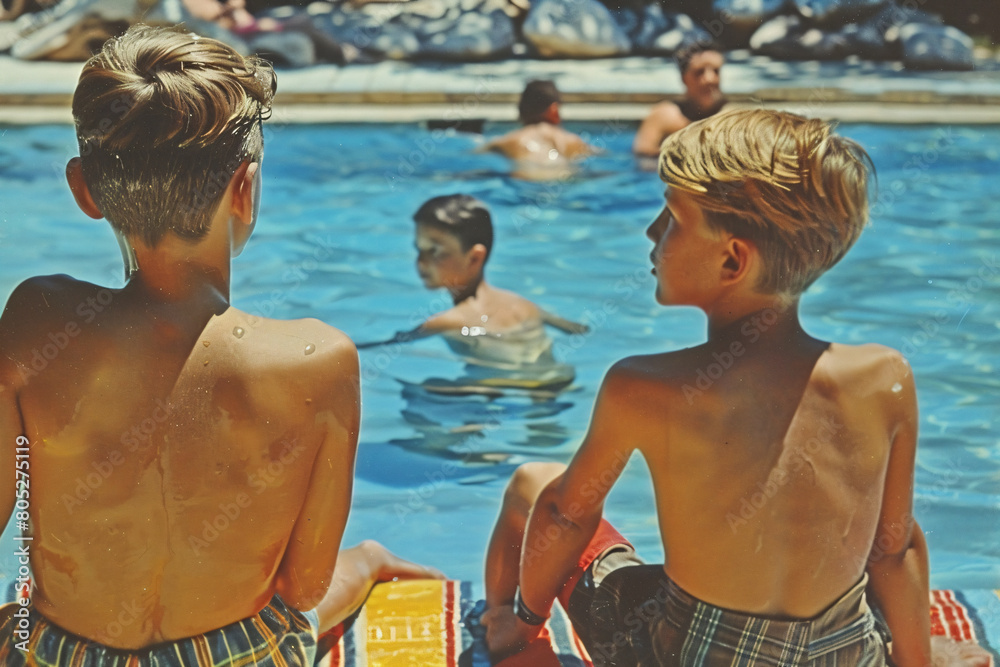 Vintage summer pool fun. Retro style photography of children swimming ...