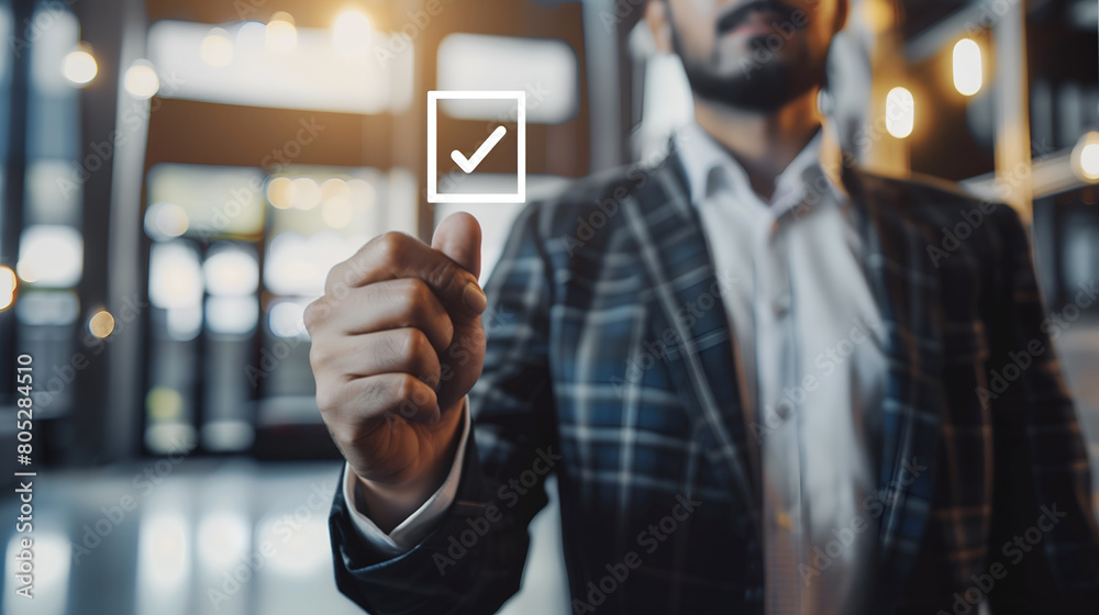 Businessman in modern office clicking on virtual checkbox. Corporate ...