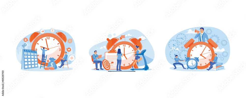 Balance between time and work. People doing daily activities. Complete ...