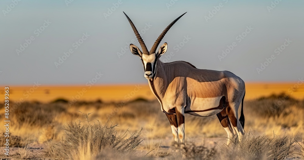 Oryx in the savannah, standing tall with its long antlers and black ...