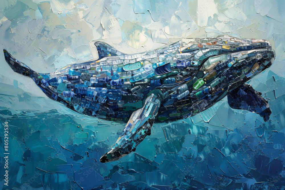 Whale constructed from discarded plastic bottles in ocean waters ...