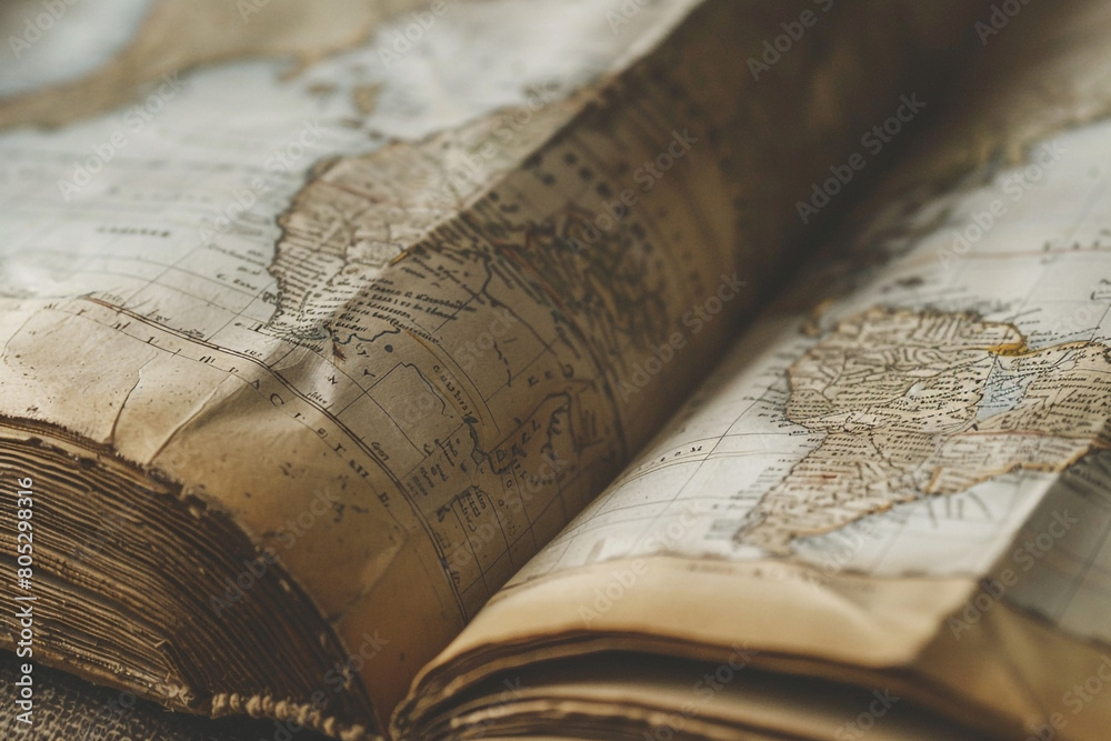 Vintage map pages in an open atlas close-up on exploration and history ...