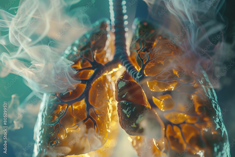 Visualization of a lung partially obstructed by fluid, highlighting the ...