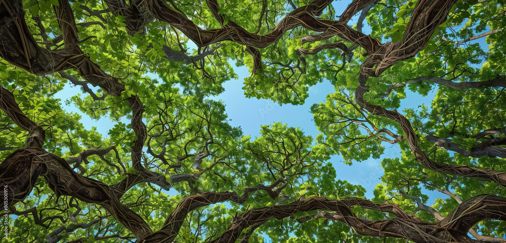 The sprawling canopy of an ancient forest, viewed from below. The ...