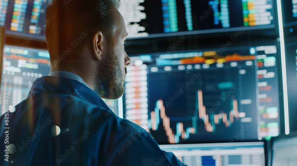 Busy stock market office, multiple screens with live data, vibrant ...