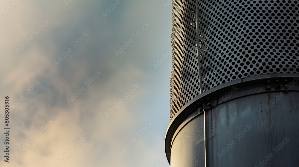 Exhaust filter on industrial chimney, close-up, sunrise, detailed mesh ...