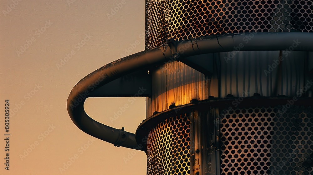 Exhaust filter on industrial chimney, close-up, sunrise, detailed mesh ...