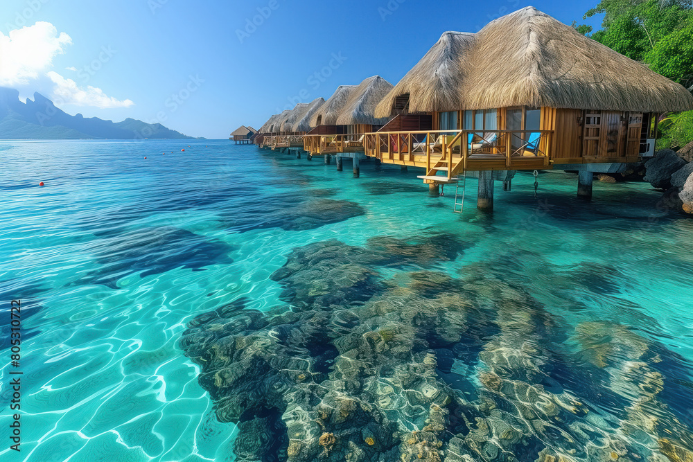 Pier with thatched wooden bungalow huts at Bora Bora situated in an ...