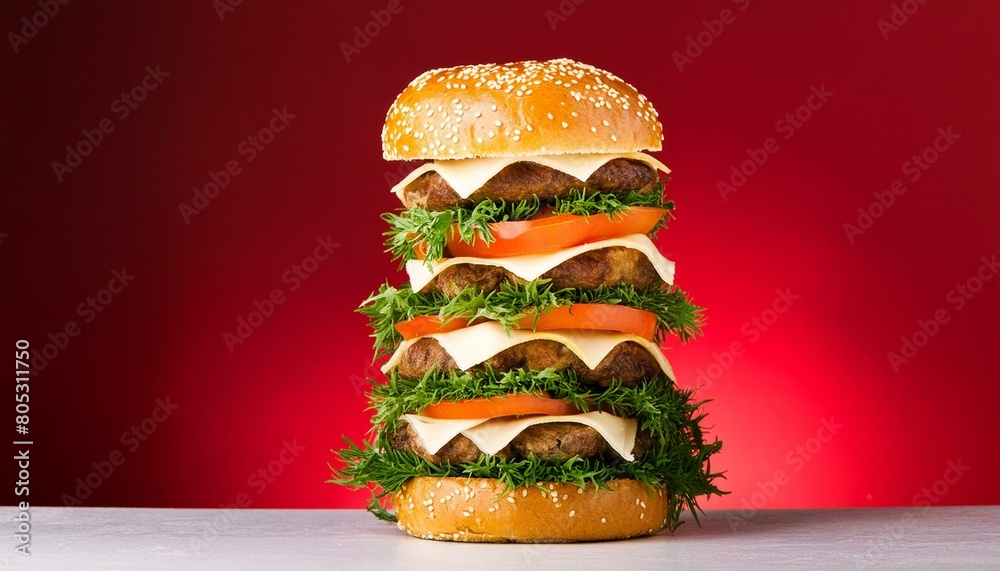 Feast to the Skies: Massive Hamburger Towers Over Red Landscape Stock ...