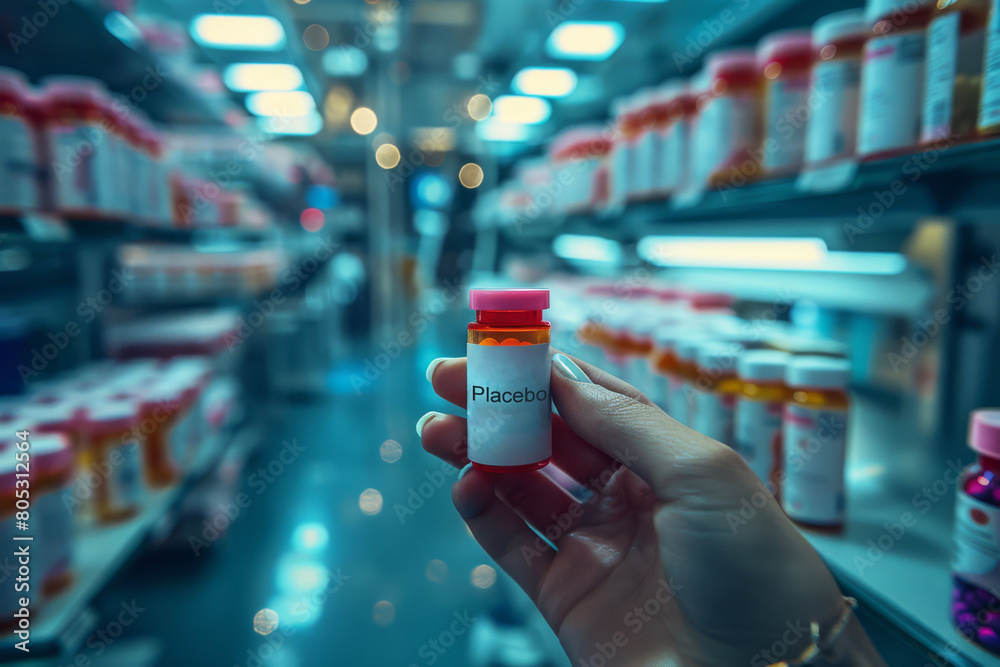 Hand holding vial with pills labeled Placebo against a blurred ...