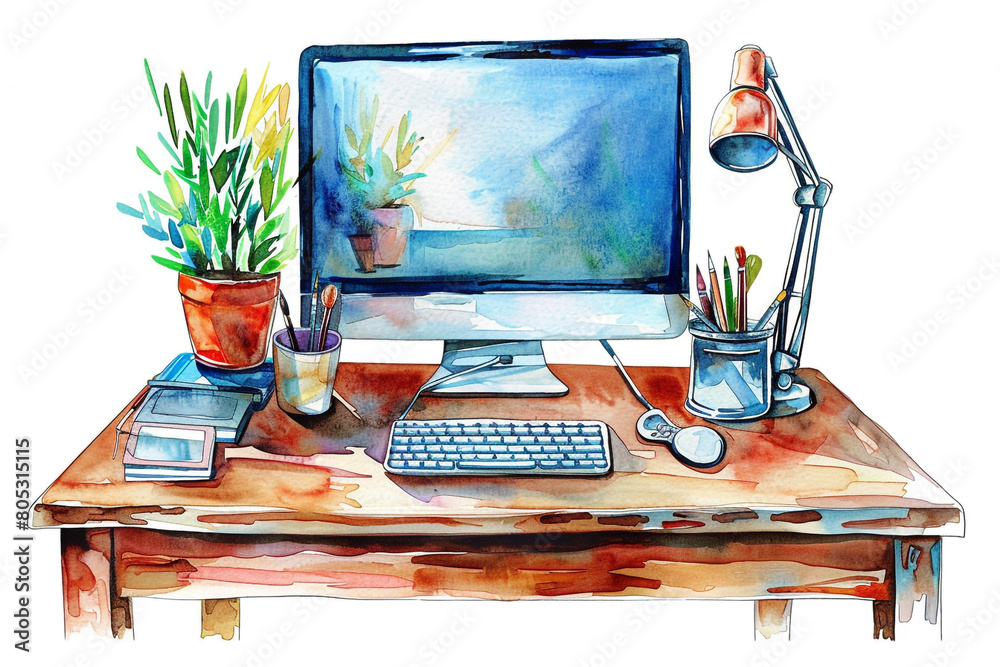 Whimsy watercolor of A Computer desk clipart, watercolor clipart ...