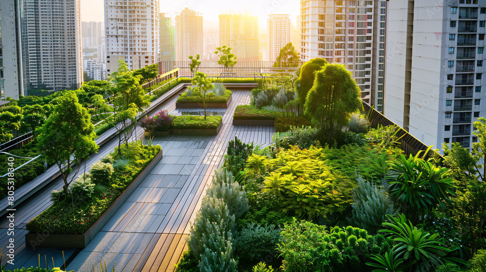 Eco-friendly rooftop garden in city. Carbon reduction and sustainable ...
