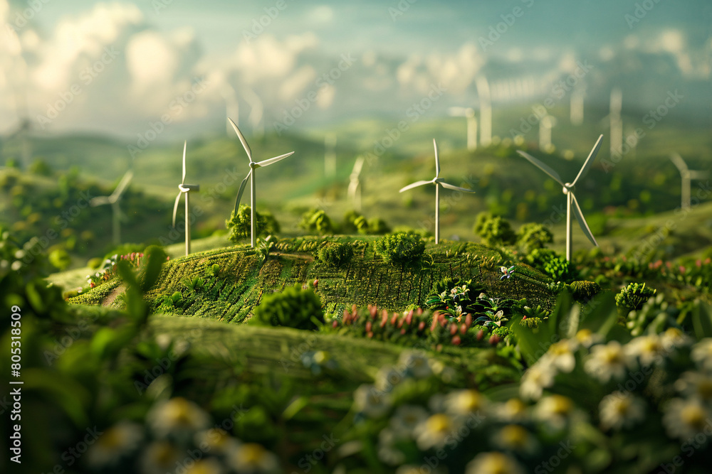 Miniature wind farm with tiny turbines in green fields. Renewable ...