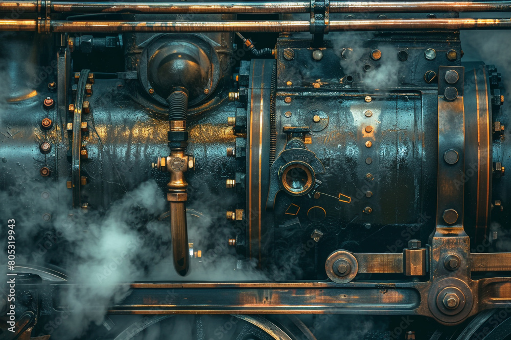 Zoomed-in image of a steam engine's pistons and valves in motion, steam ...