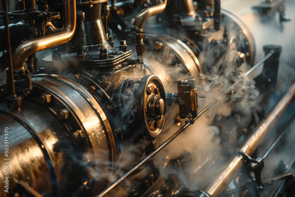 Zoomed-in image of a steam engine's pistons and valves in motion, steam ...