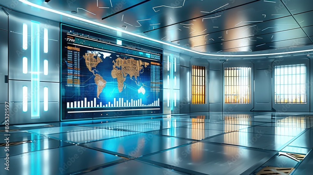 Big news room, with display on the screen about gold chart, with white ...