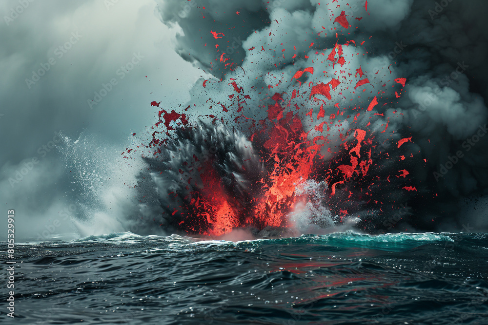 A high-energy splash of bright red and black, mimicking the explosive ...