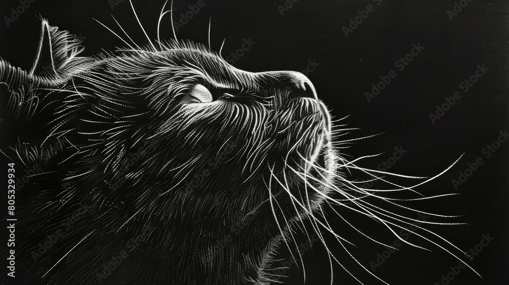 black cat, closeup, scratchboard art, dark background, white lines on ...
