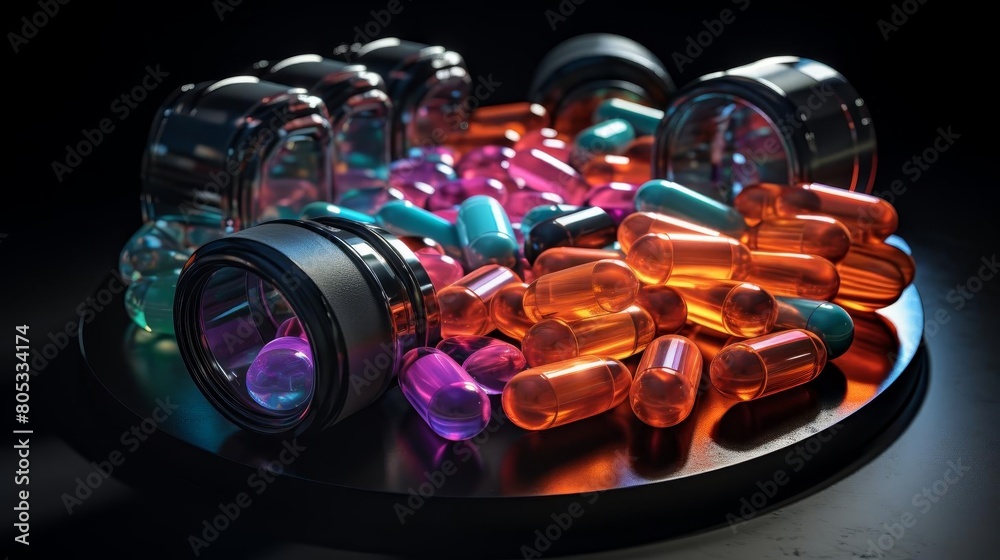 A table with a bunch of colorful pills on it. The pills are in ...