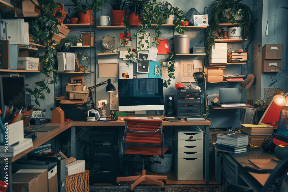 Title:."Cluttered home office workspace with various items and devices ...