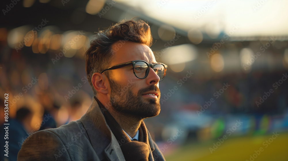 Professional football manager in stylish attire stands confidently at a ...