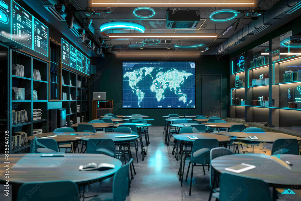 Modern classroom with high-tech digital world map on blue screen ...