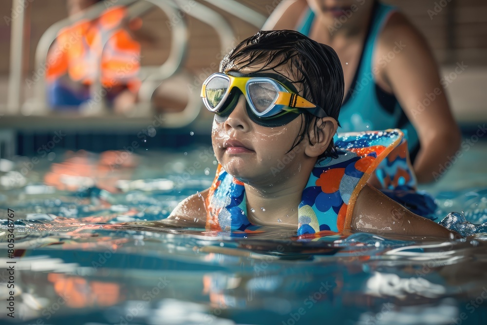 Preschooler practicing swimming strokes in a shallow pool, equipped ...