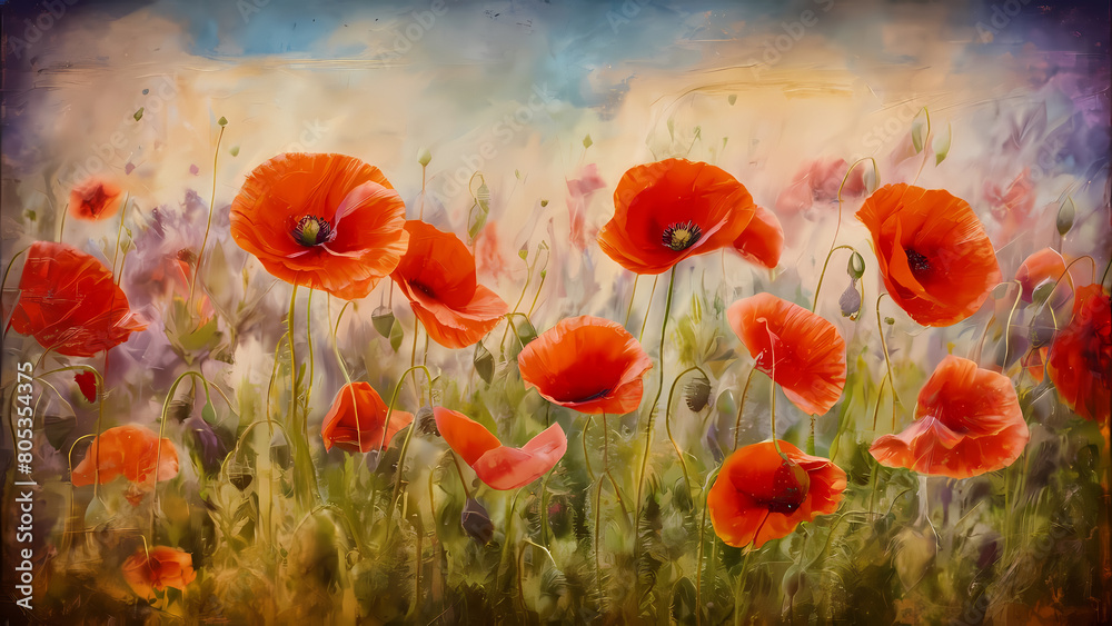 Vintage Poppy flowers field background with copy space area for ...
