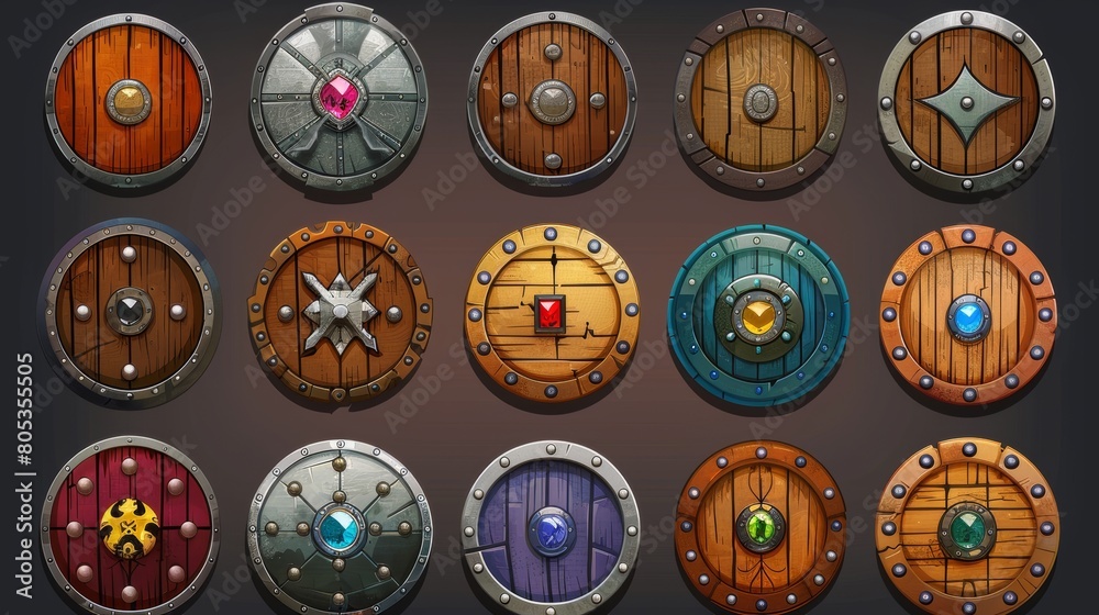 Viking, knight and warrior round shields with steel frames and gems in ...
