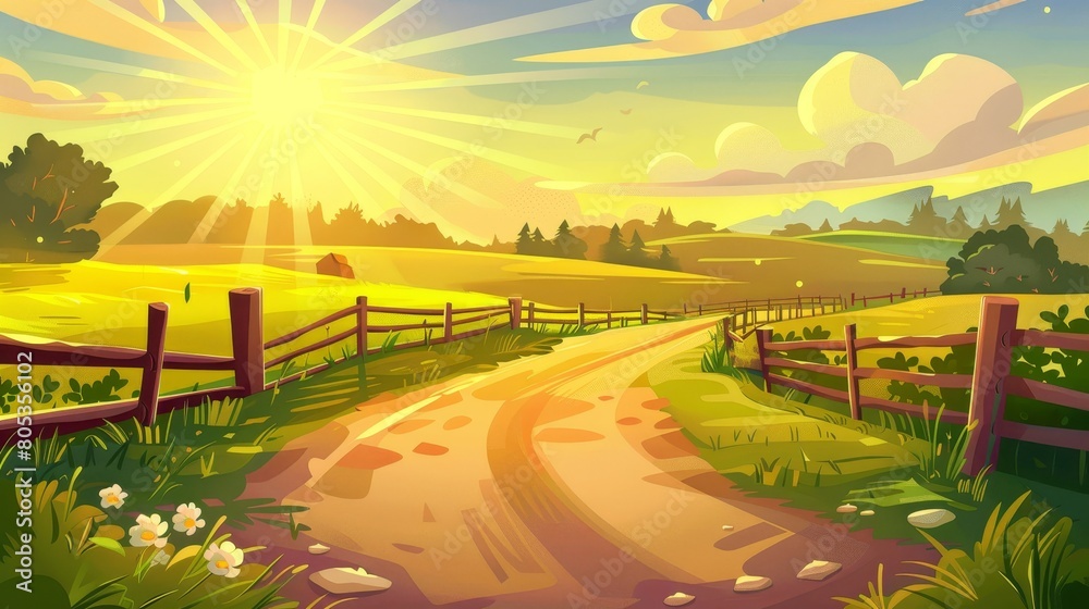 A modern cartoon illustration of rural countryside with a wooden fence ...