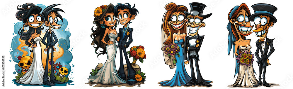 Animated wedding couples with classic attire. Four pairs of cartoon ...