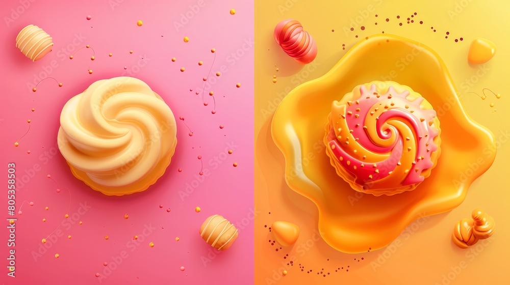 Banners and social media posts featuring bakery food in pink and yellow ...