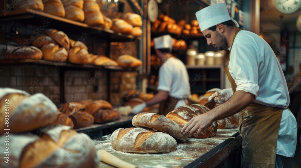 baker working making bread in a daytime bakery in high resolution and ...