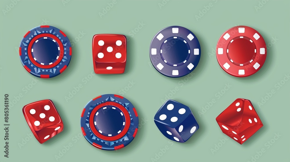 A realistic set of casino chips and dice isolated on a green background ...